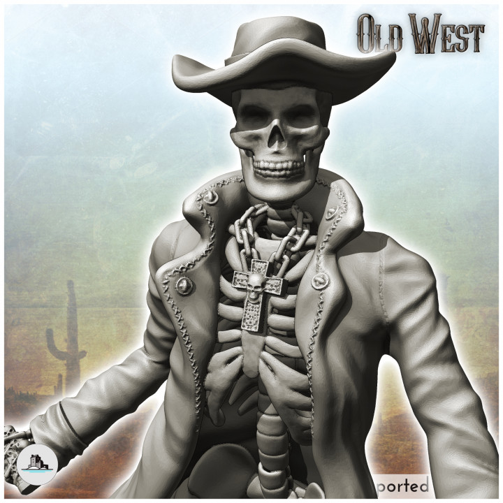 3D Printable Skeleton cowboy with skull and two revolvers (10) - Six ...