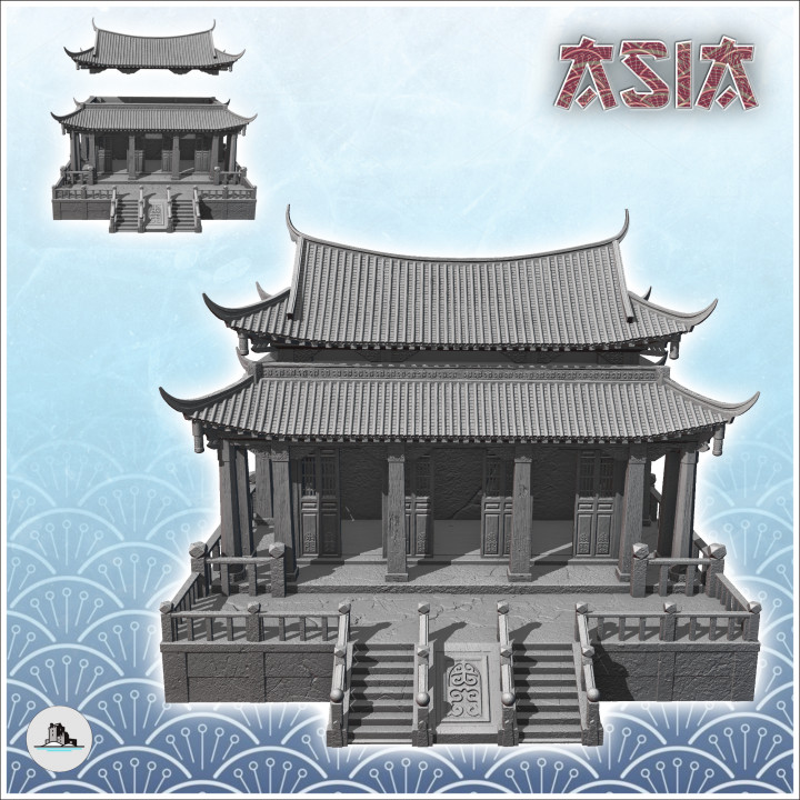3D Printable Large asian temple with platform with railings and access ...