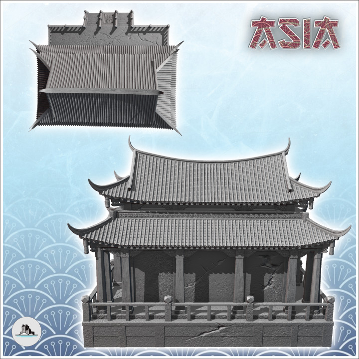 3D Printable Large asian temple with platform with railings and access ...