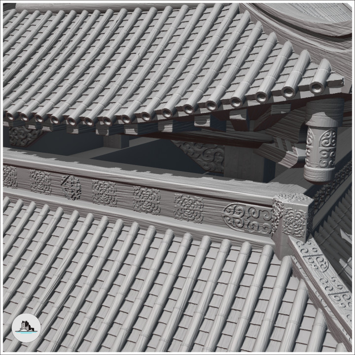 3D Printable Large asian temple with platform with railings and access ...
