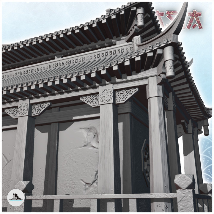 3D Printable Large asian temple with platform with railings and access ...