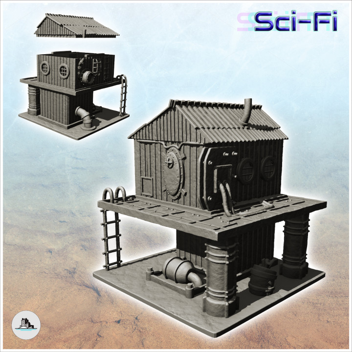 3D Printable Post-apocalyptic building on two levels with supply pipes ...