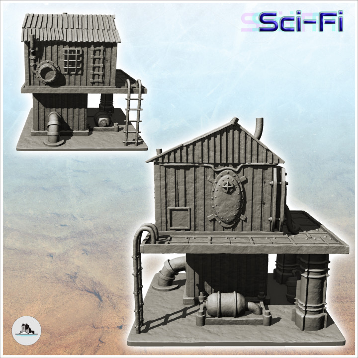 3D Printable Post-apocalyptic building on two levels with supply pipes ...