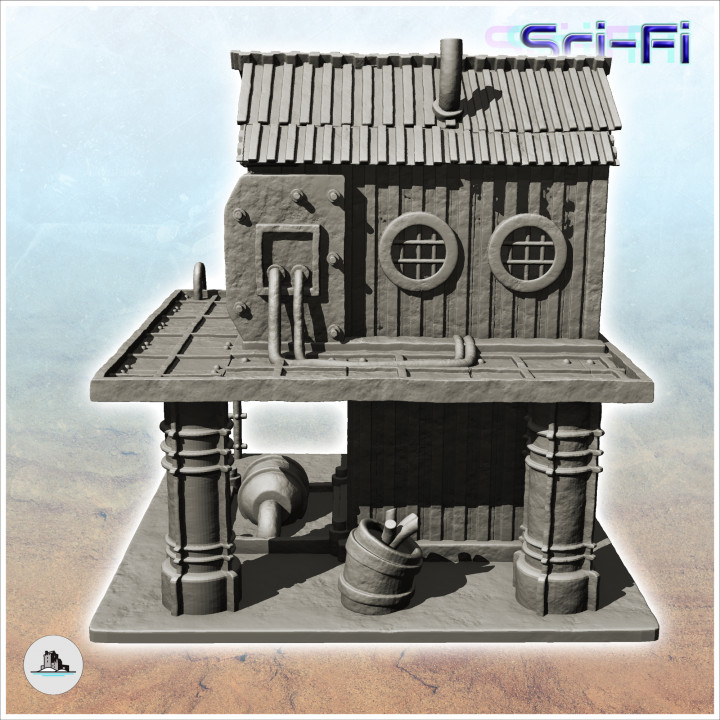 3D Printable Post-apocalyptic building on two levels with supply pipes ...