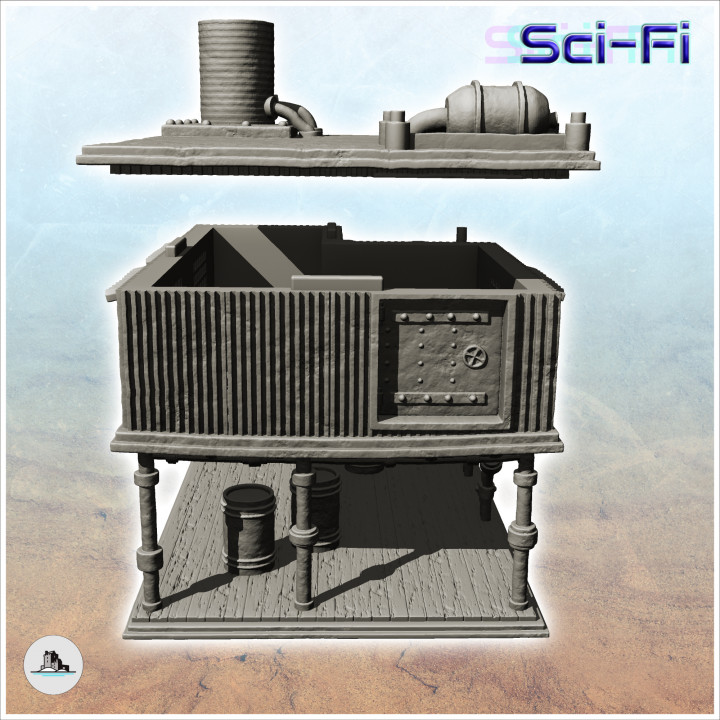 3D Printable Post-apocalyptic house on stilts with product drums and ...