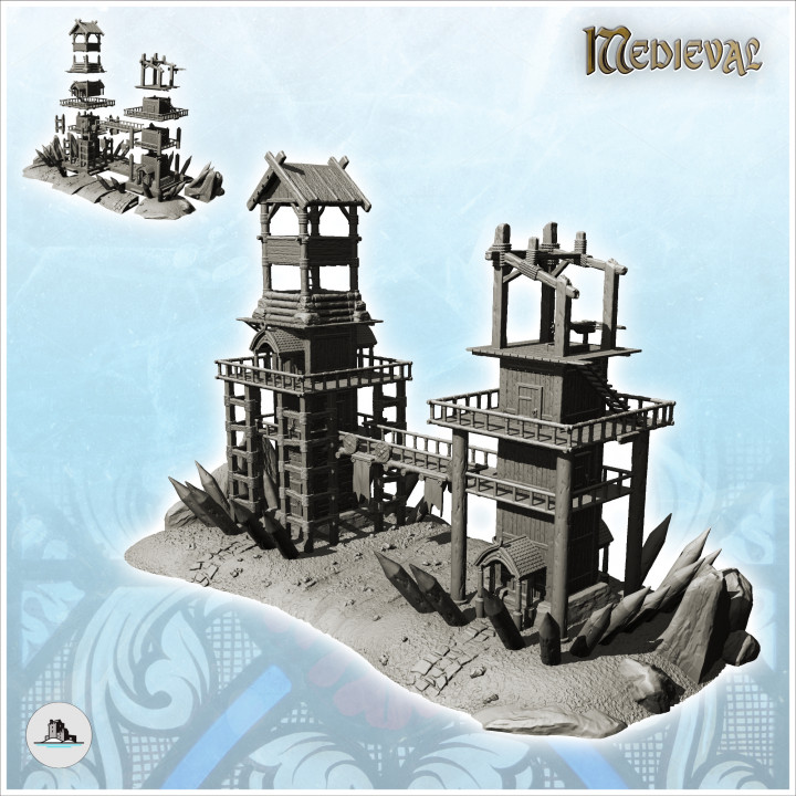 3D Printable Fortified outpost with two wooden towers and footbridge (2 ...