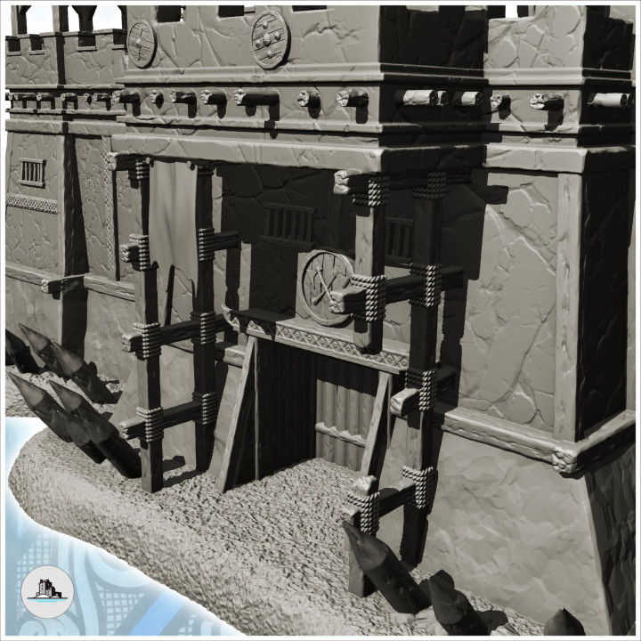 3D Printable Large wall with two towers and fortified gate with roofs ...