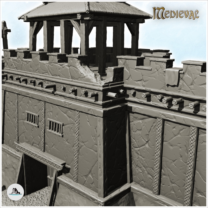 3D Printable Large wall with two towers and fortified gate with roofs ...