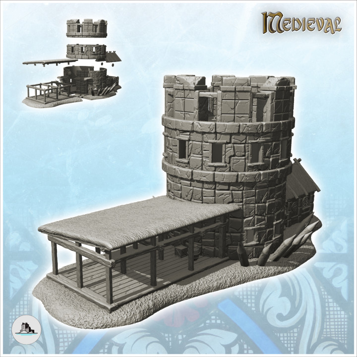 3D Printable Fortified stone tower with battlements and adjoining ...