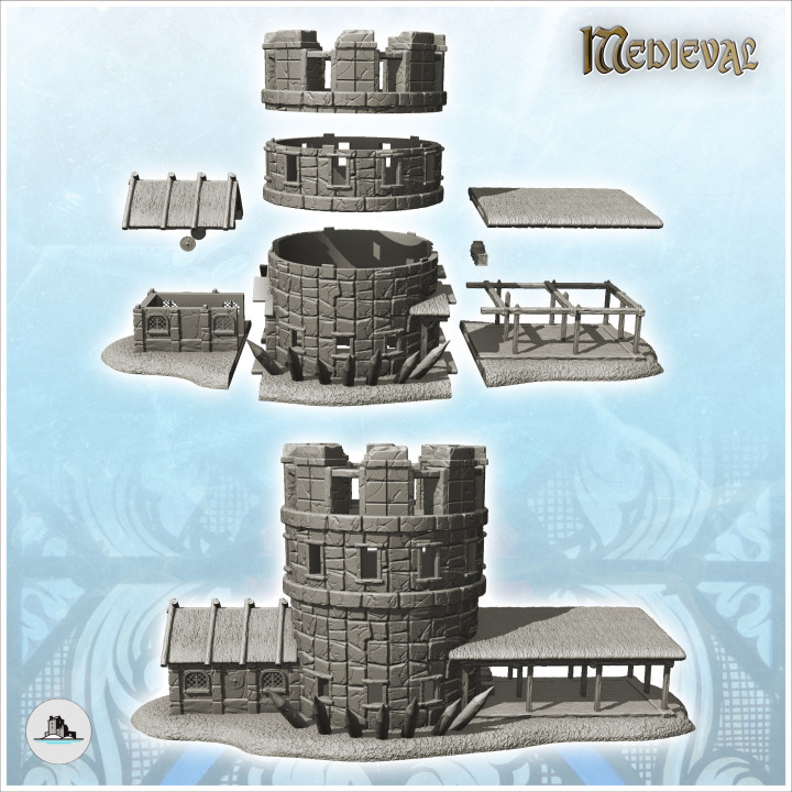 3D Printable Fortified stone tower with battlements and adjoining ...