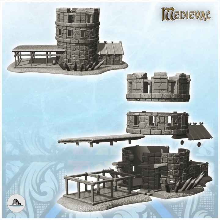 3D Printable Fortified stone tower with battlements and adjoining ...