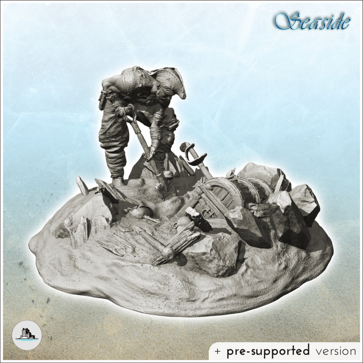 3D Printable Pirate digging with shovel with treasure chest (1 ...