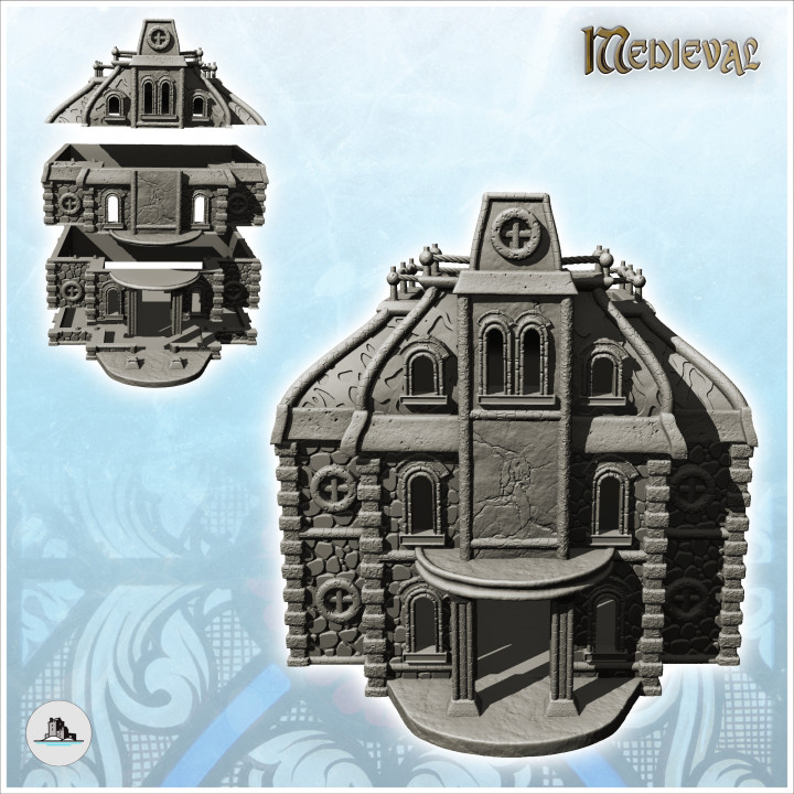 3D Printable Large two-story stone building with entrance canopy and ...