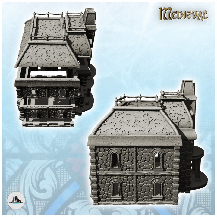 3D Printable Large two-story stone building with entrance canopy and ...