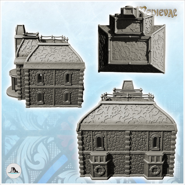 3D Printable Large two-story stone building with entrance canopy and ...