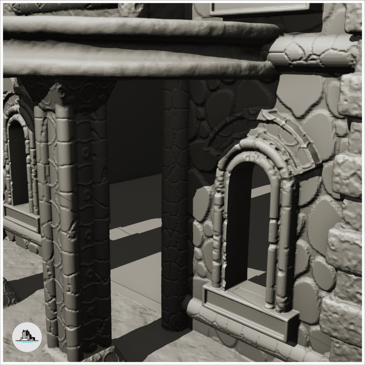 3D Printable Large two-story stone building with entrance canopy and ...