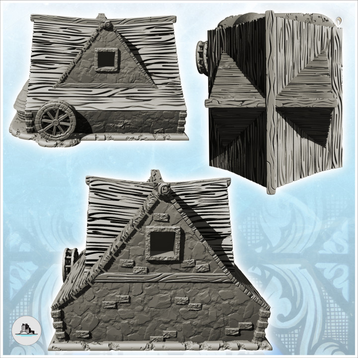 3D Printable Wooden roofed mill with water wheel and floor (17 ...