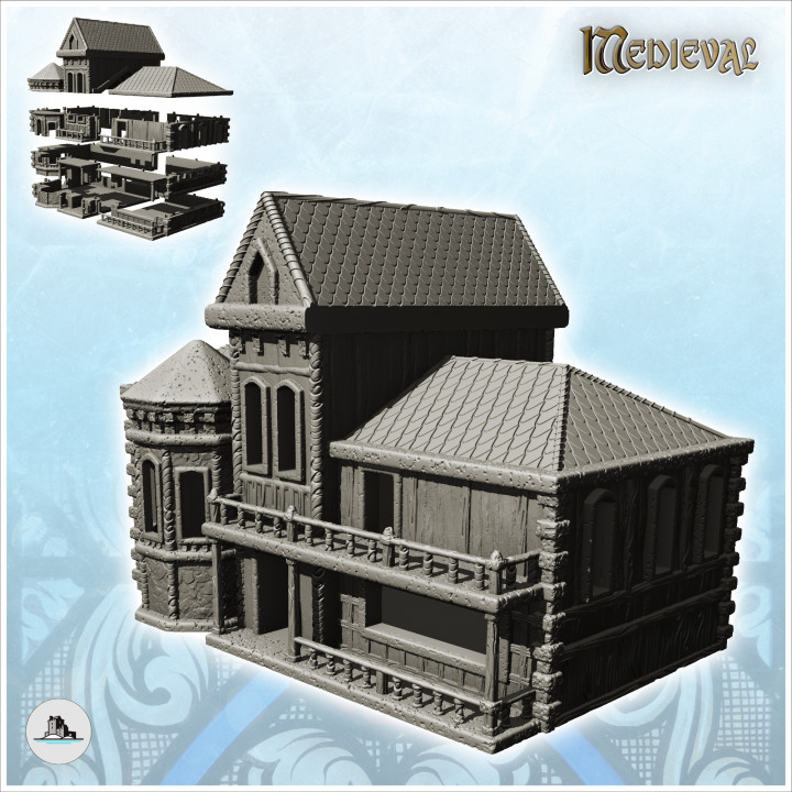 3D Printable Large half-timbered building with tiled roof and rounded ...