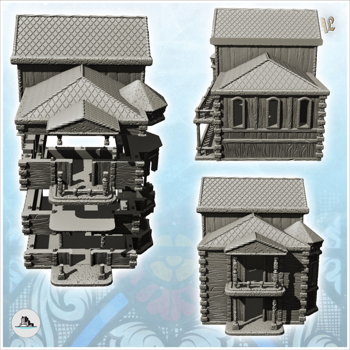 3D Printable Large half-timbered building with tiled roof and rounded ...