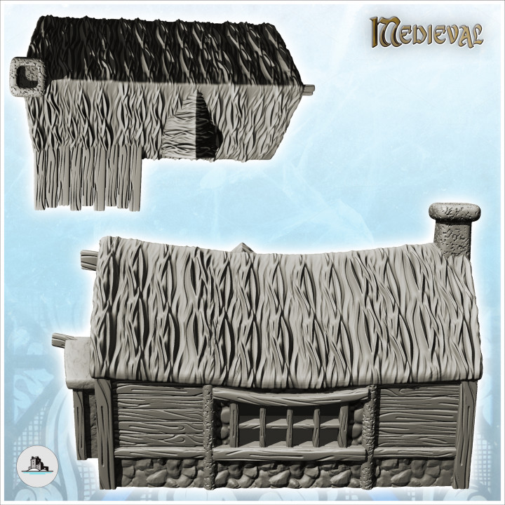 3D Printable Medieval straw-roofed inn with awning and side door (22 ...