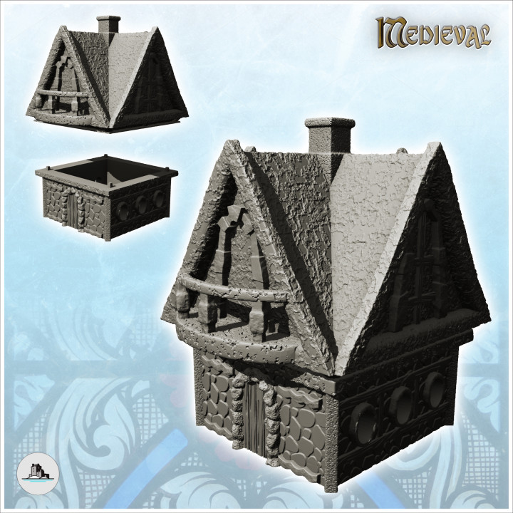 3D Printable High roofed building with stone terrace and chimney (23 ...