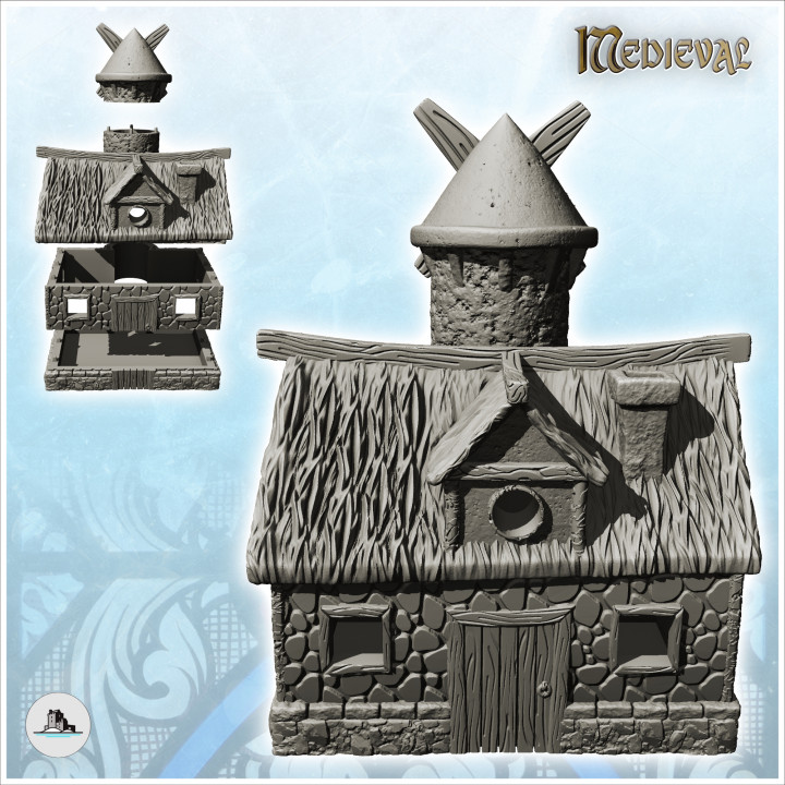 3D Printable Medieval stone windmill with annexed tower and floor (24 ...