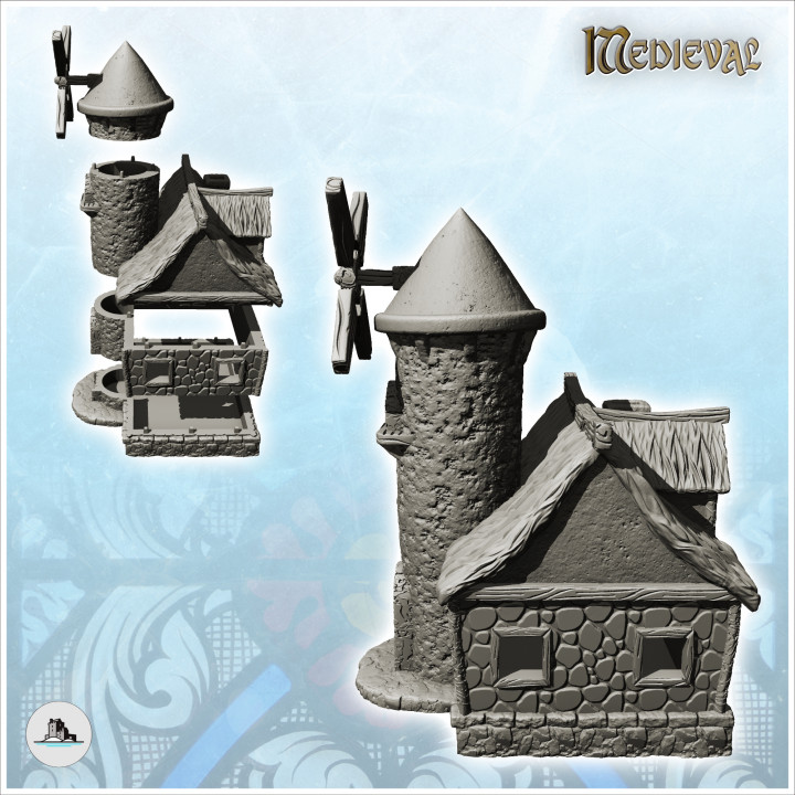 3D Printable Medieval stone windmill with annexed tower and floor (24 ...