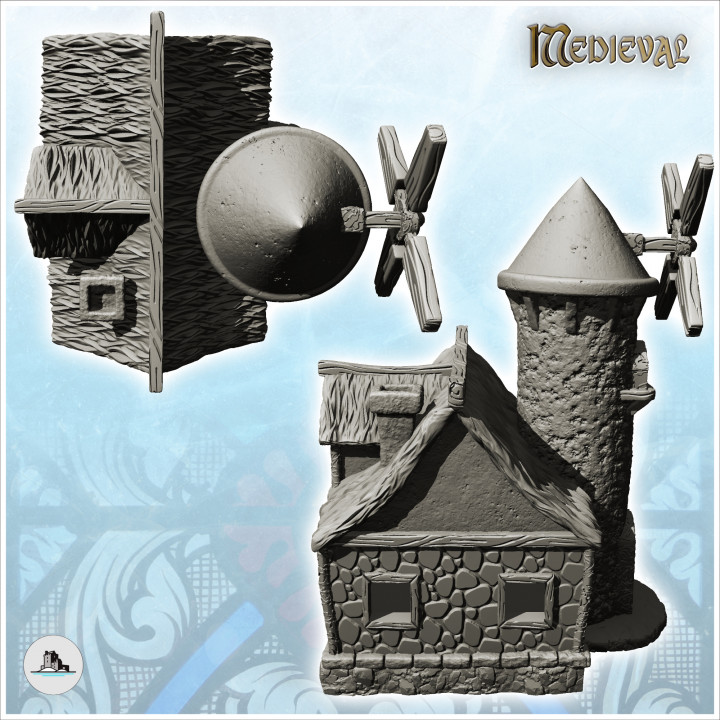 3D Printable Medieval stone windmill with annexed tower and floor (24 ...