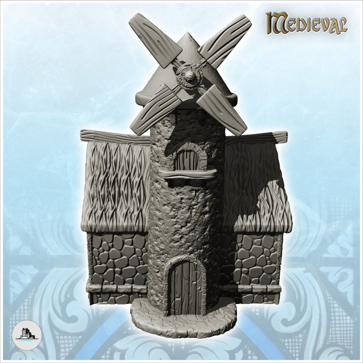 3D Printable Medieval stone windmill with annexed tower and floor (24 ...