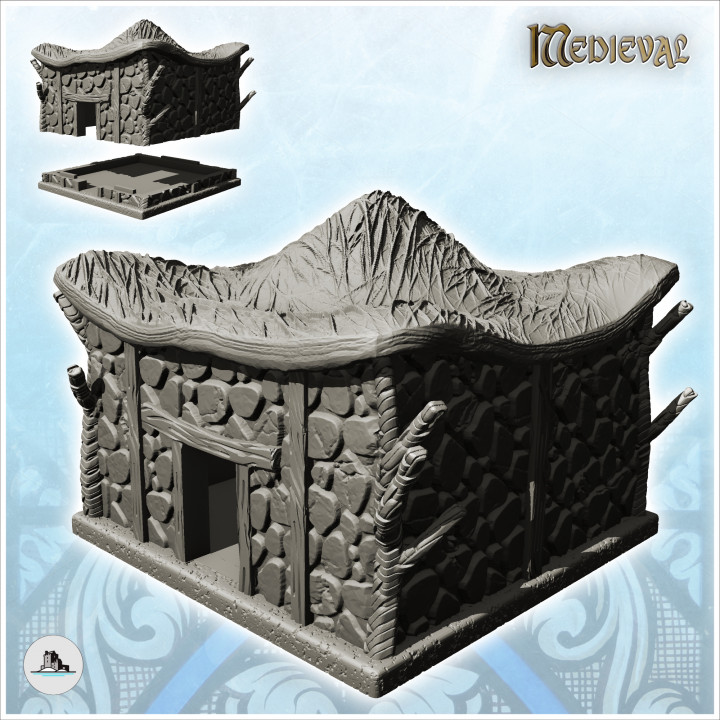 3D Printable Square building with wave roof and stone walls (26 ...