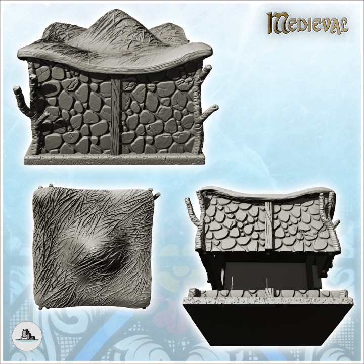 3D Printable Square building with wave roof and stone walls (26 ...