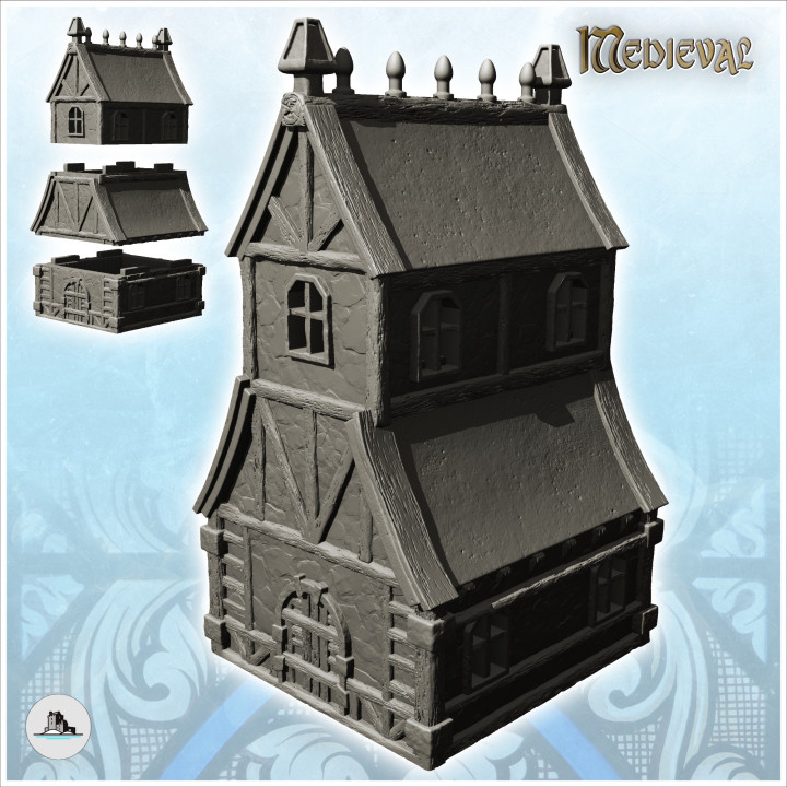 3D Printable Large half-timbered building with high roof and top spikes ...