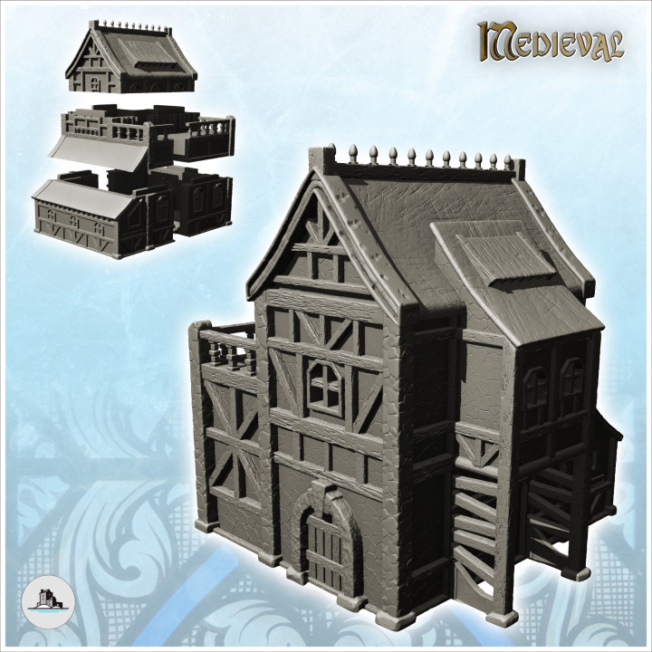 3D Printable Large medieval half-timbered building with wooden terrace ...