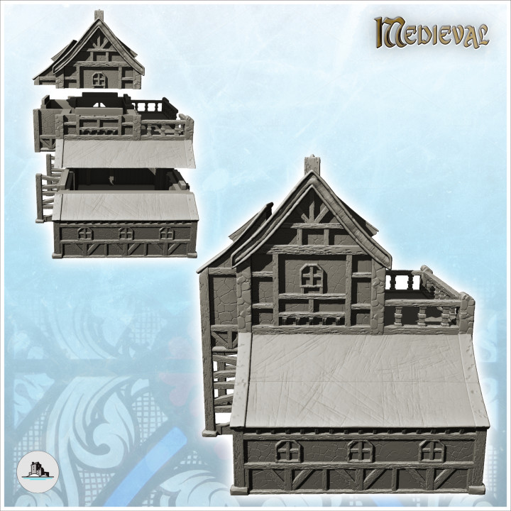 3D Printable Large medieval half-timbered building with wooden terrace ...
