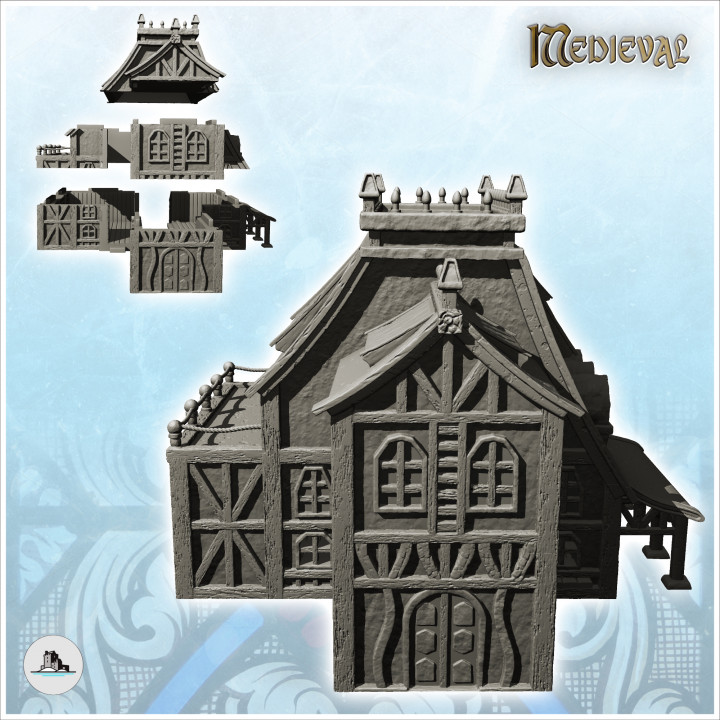 3D Printable Large medieval half-timbered building with spiked roof and ...