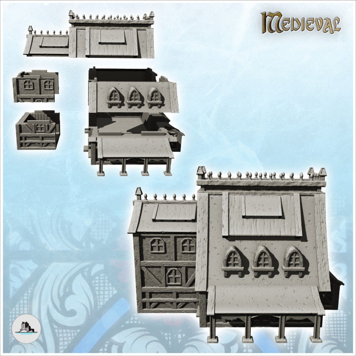 3D Printable Large medieval half-timbered building with spiked roof and ...