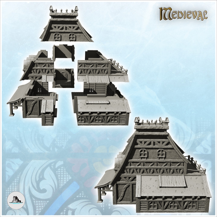 3D Printable Large medieval half-timbered building with spiked roof and ...