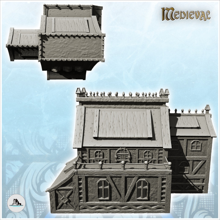 3D Printable Large medieval half-timbered building with spiked roof and ...