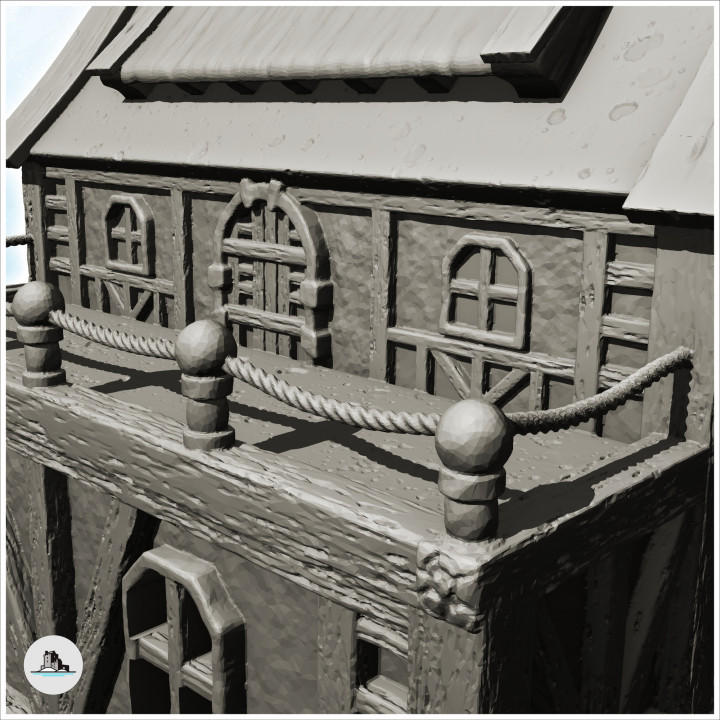 3D Printable Large medieval half-timbered building with spiked roof and ...