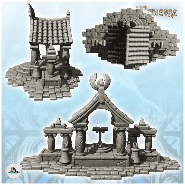 3D Printable Altar with stone columns with braziers and eagle symbol (2 ...