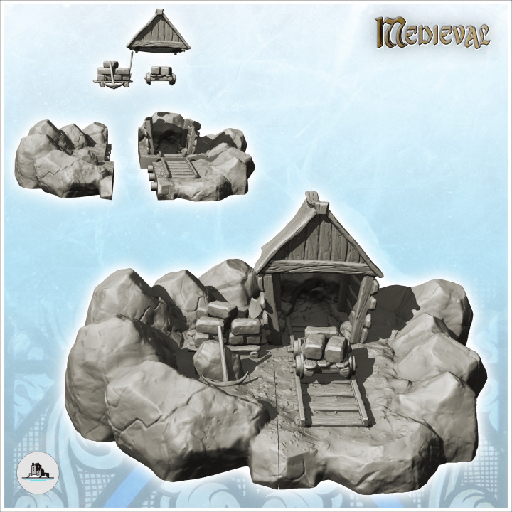 3D Printable Underground mine entrance with rail and carved stone (4 ...