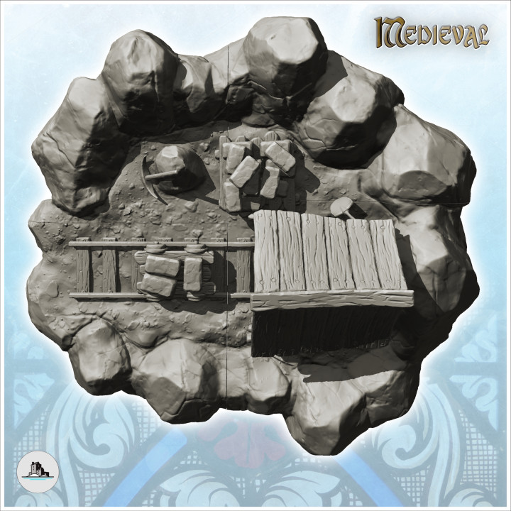 3D Printable Underground mine entrance with rail and carved stone (4 ...