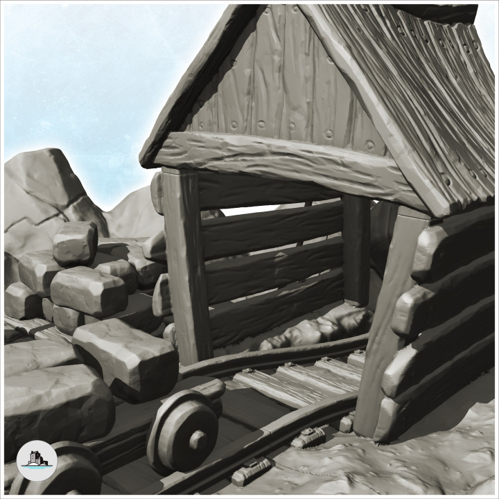 3D Printable Underground mine entrance with rail and carved stone (4 ...
