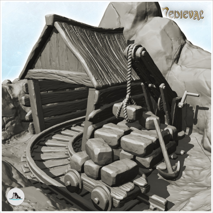 3D Printable Underground mine entrance with rail turn and wooden crane ...