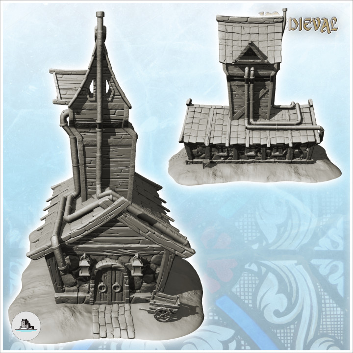 3D Printable Large medieval building with high tower with exterior ...