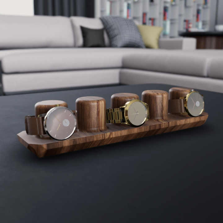 3D Printable WOODEN STAND FOR FIVE WATCHES by Lazy Bear