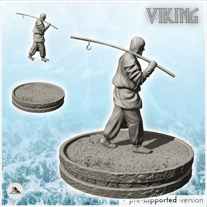 3D Printable Medieval fisherman with fishing rod and bucket of fish (10 ...