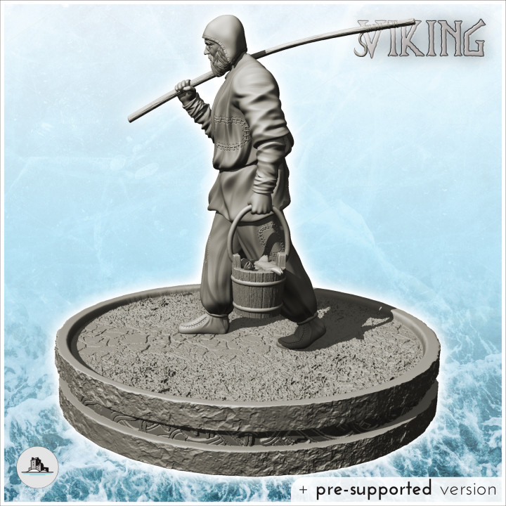 3D Printable Medieval fisherman with fishing rod and bucket of fish (10 ...