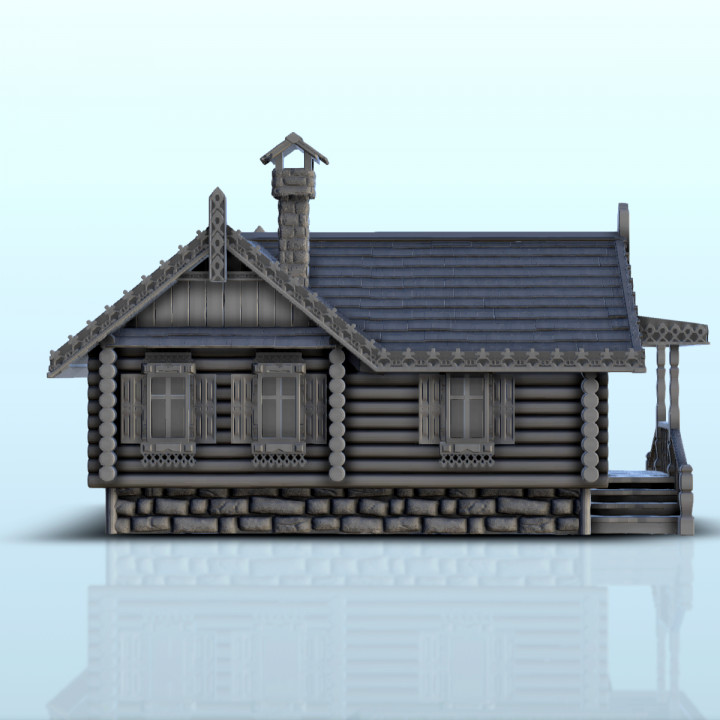 3D Printable Slavic log house with two access doors and canopies (19 ...