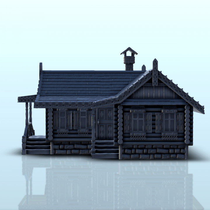 3D Printable Slavic log house with two access doors and canopies (19 ...